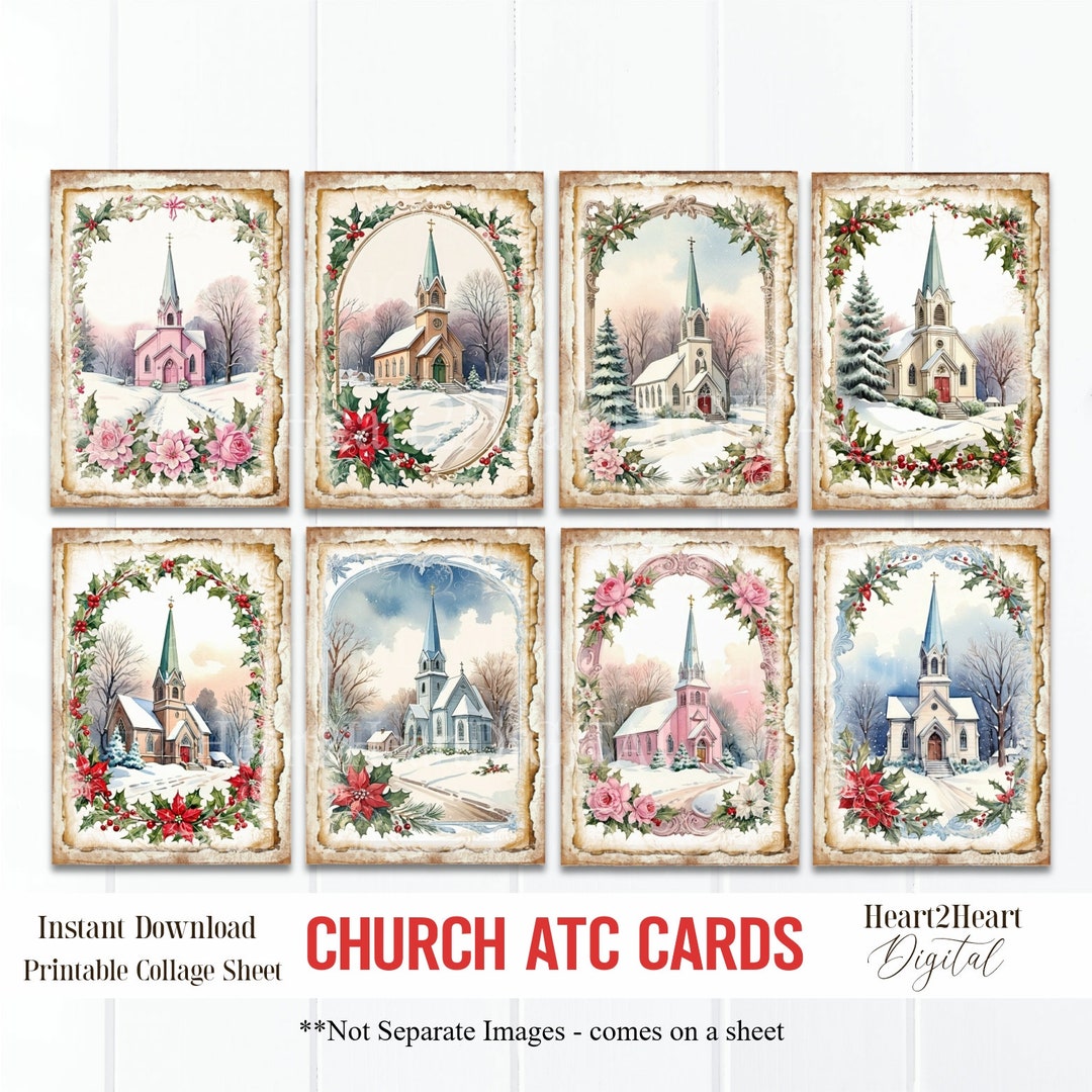 Christmas Church Scene Collage Sheet, Tags, Journal Cards, Digital ...