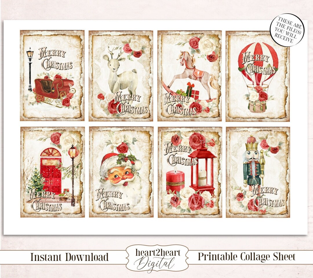 Vintage Floral Christmas Collage Sheet, Tags, Journal Cards, Digital ...