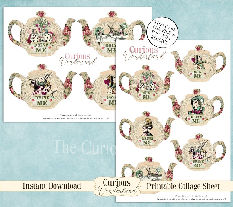 Alice in Wonderland Drink Me Teapot Collage Sheet Tags ATC - Etsy