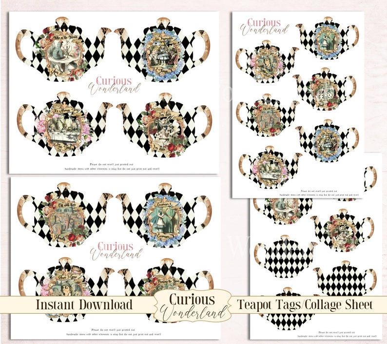 Alice in Wonderland Quote Teapot Tags, Collage Sheet, Gift Tags ...