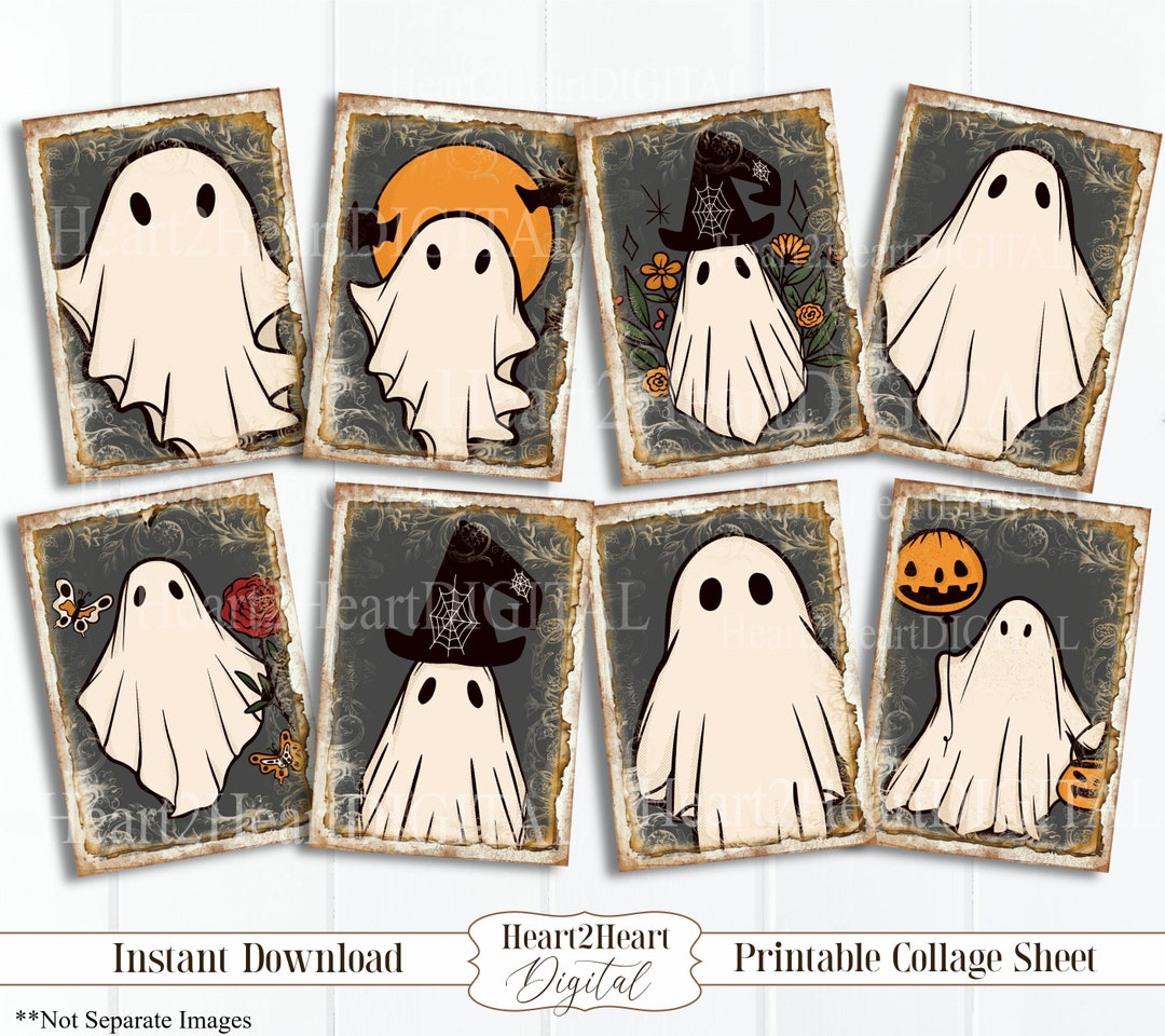 Digital Cute Ghost Halloween Collage Sheet, Journal Cards, Haunted ...