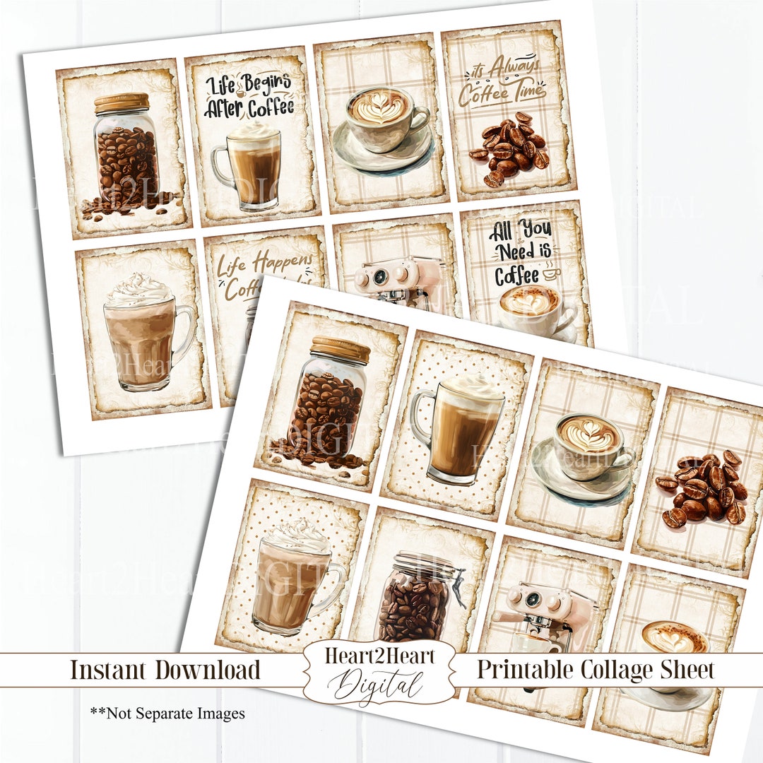Coffee Collage Sheet, Tags, Journal Cards, Digital Image, Scrapbook ...