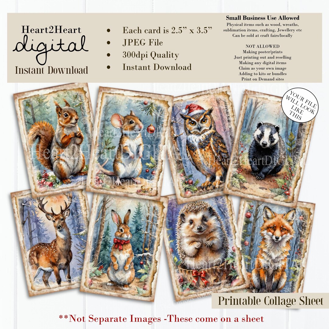 Vintage Christmas Woodland Animals Collage Sheet, Tags, Journal Cards ...