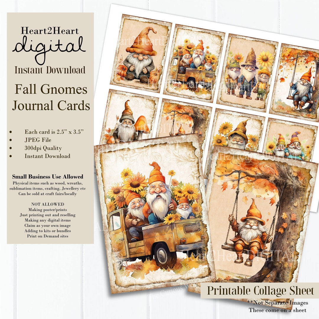Fall Gnome Cards, Autumn Fall Collage Sheet, Fall ATC Cards, Digital ...