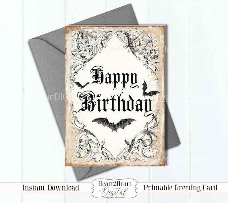 Printable Gothic Birthday Card - INSTANT DOWNLOAD - Goth Birthday - Bat ...