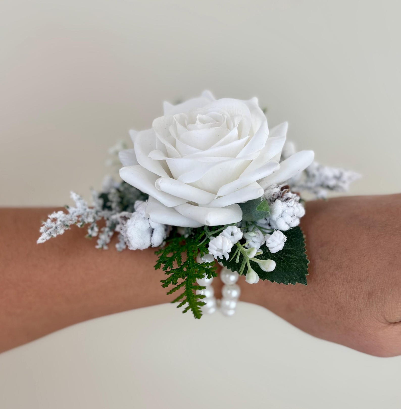 White Wedding Corsage - Real Touch Rose Corsage With Snowy Foliage ...