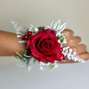 Red Wedding Corsage , Flocked Christmas Winter Red Wrist Corsage , Red ...