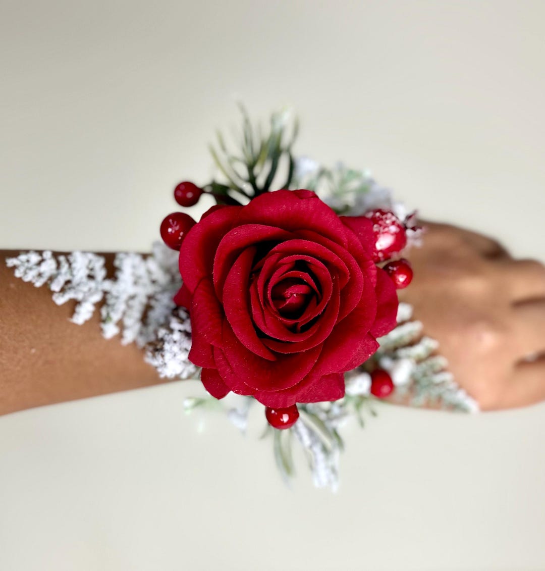 Red Wedding Corsage , Flocked Christmas Winter Red Wrist Corsage , Red ...