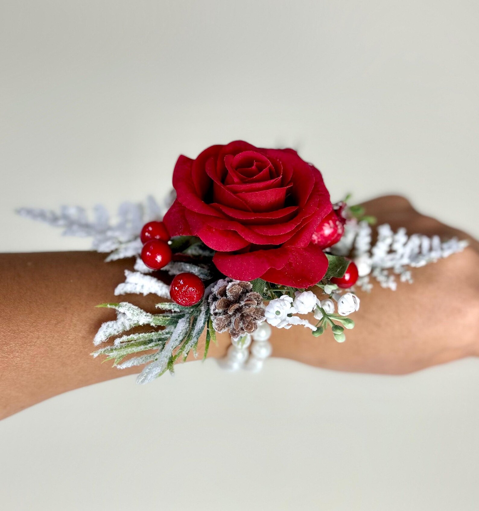 Red Wedding Corsage , Flocked Christmas Winter Red Wrist Corsage , Red ...