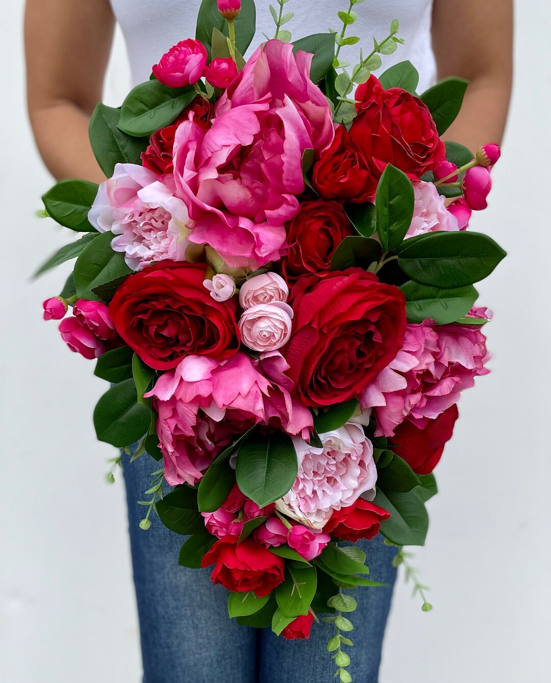 Pink Cascading Bouquet, Pink and Red Wedding Bouquet, Pink Peonies ...