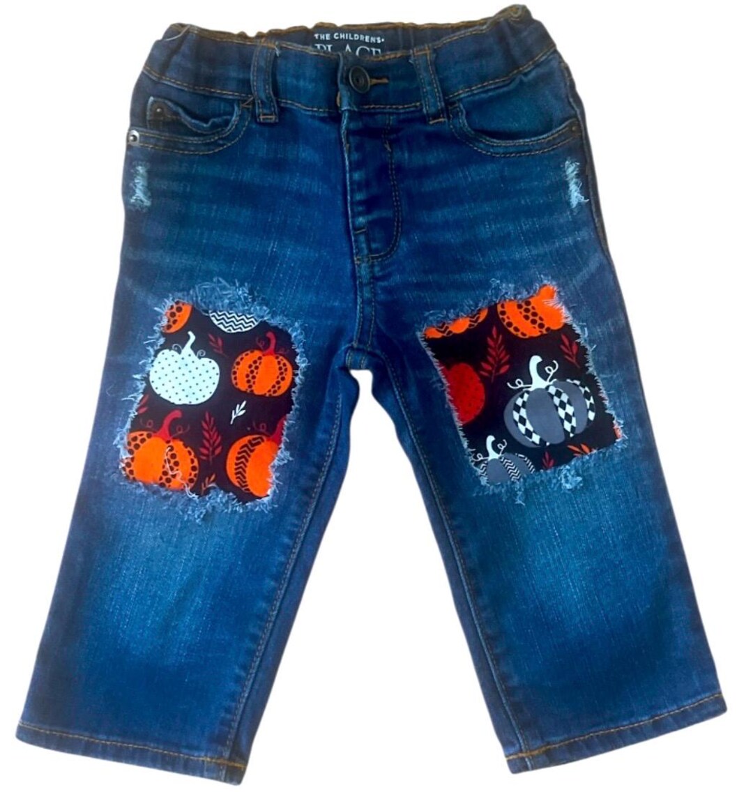 Kids Halloween Distressed Jeans, Pumpkin Patch Accent - Etsy