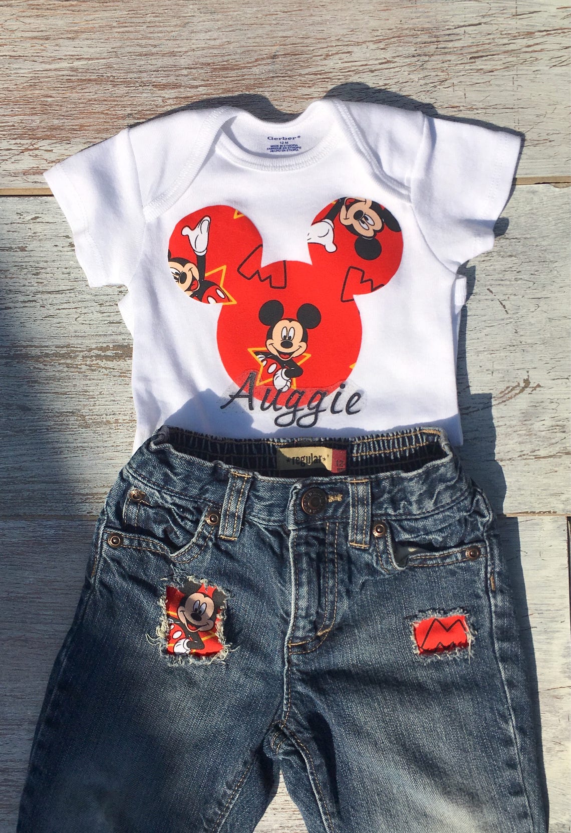 Mickey Mouse Distressed Jeans Mickey Mouse Onesie | Etsy