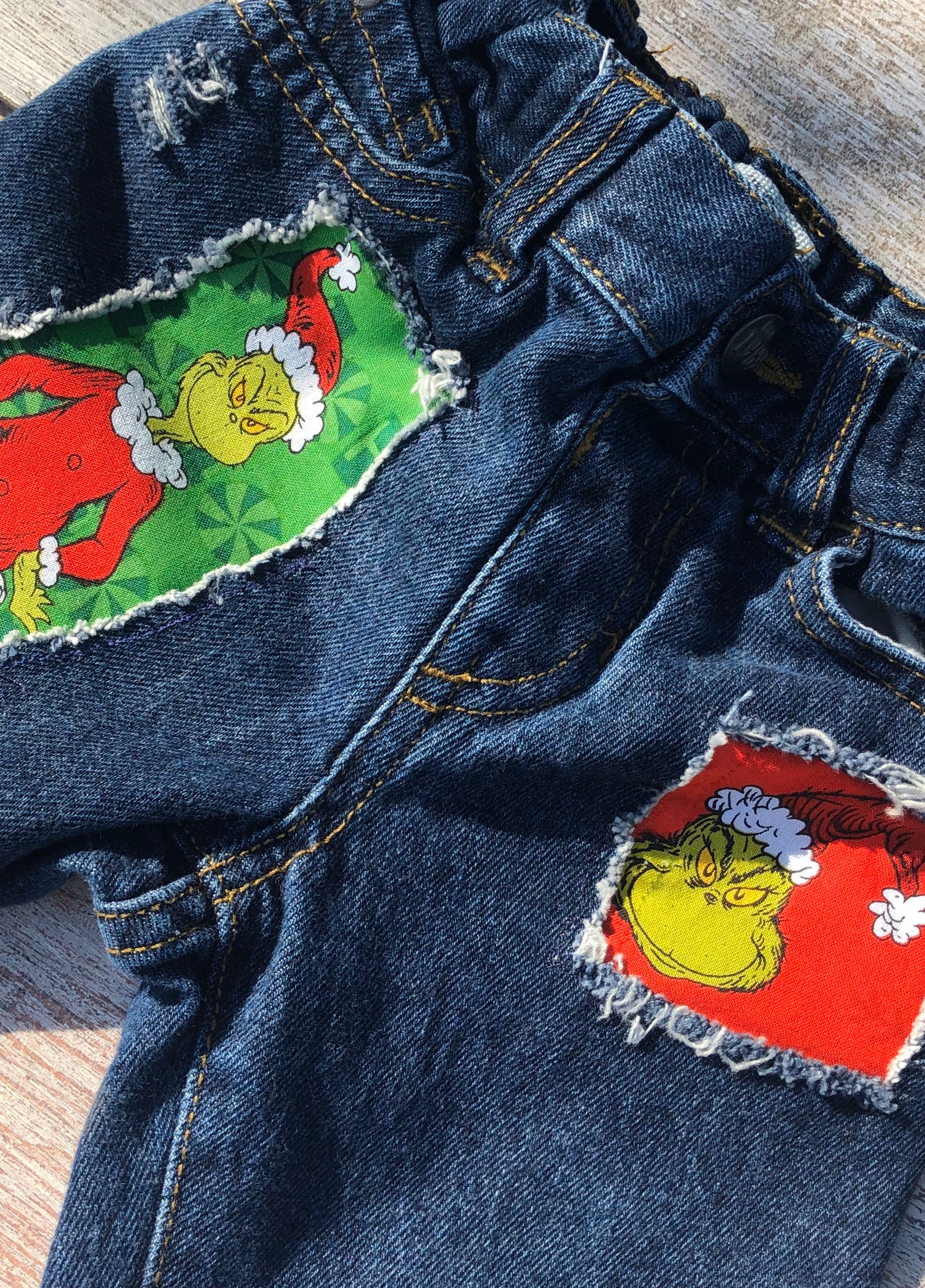 Distressed Grinchmas Patched Jeans for Christmas Wear - Etsy