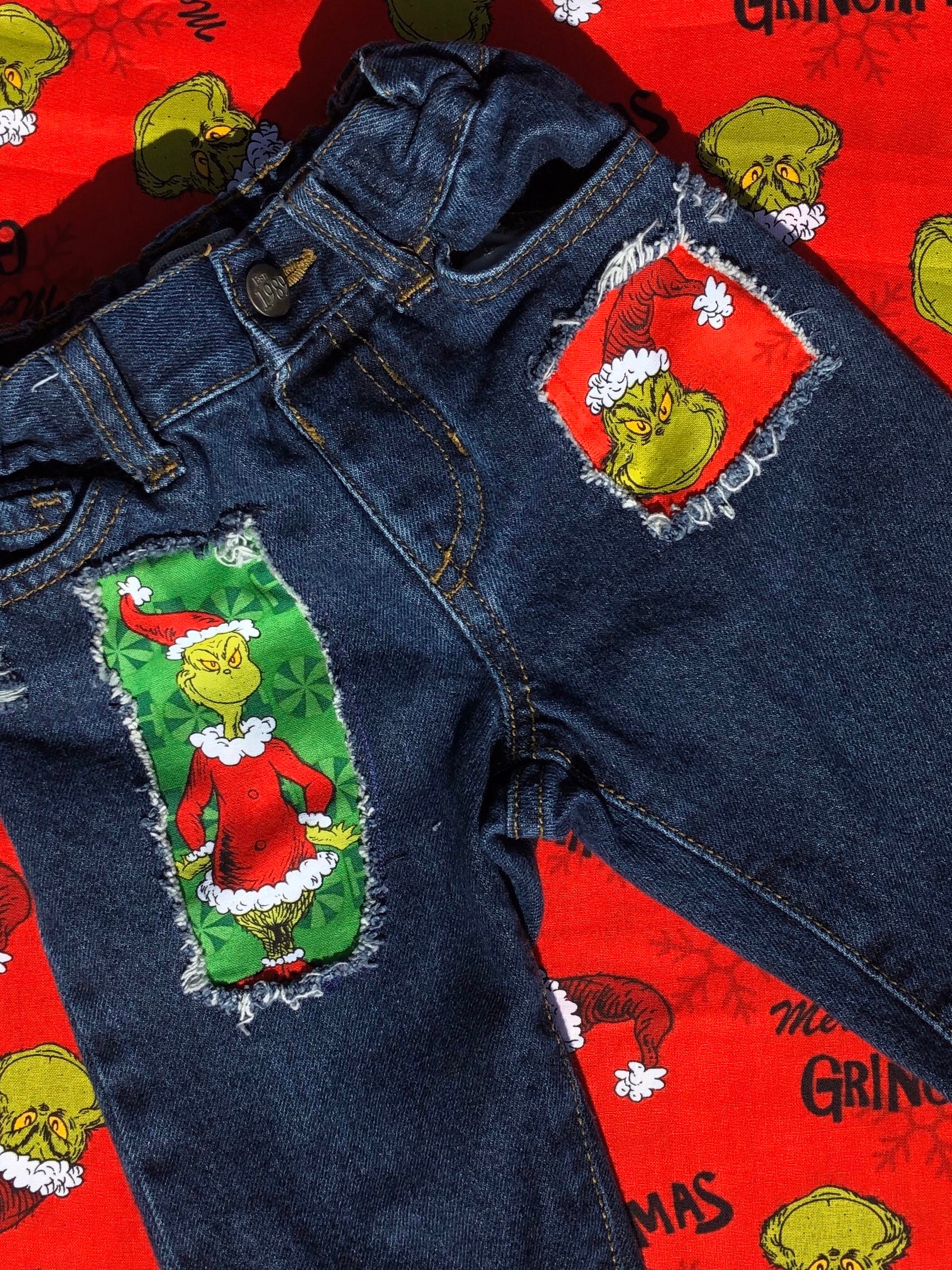 Distressed Grinchmas Patched Jeans for Christmas Wear - Etsy