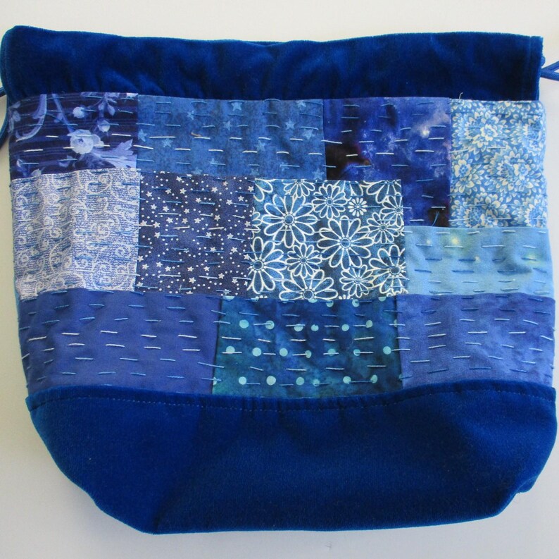 Drawstring Bag, Kawandi Style, Project Bag, Slow Stitch, Handquilted Bag, Velvet Bag, Gift for ...