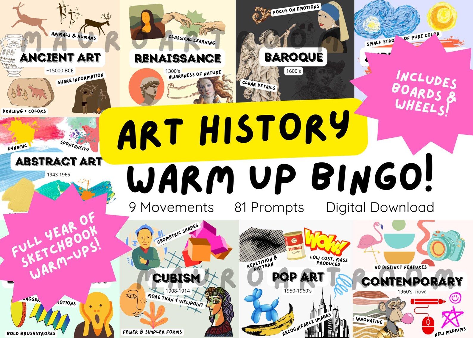 Art History Sketchbook Bingo Warm-up Bundle - Mauroartroom - Etsy