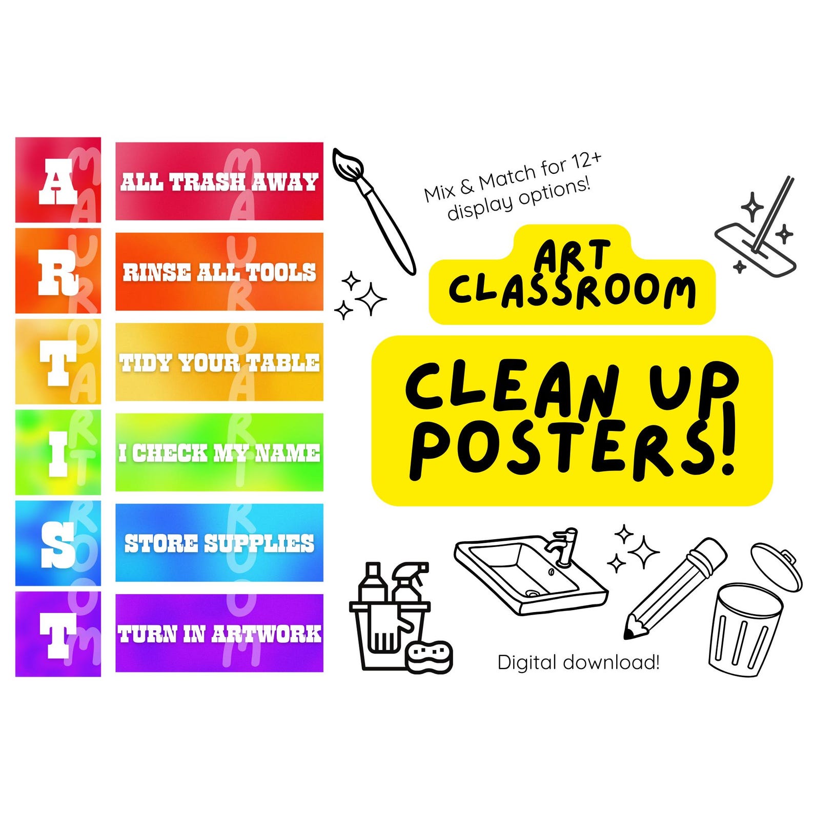 Art Classroom - Artist Clean up Posters - Mauroartroom / Colorful Art ...