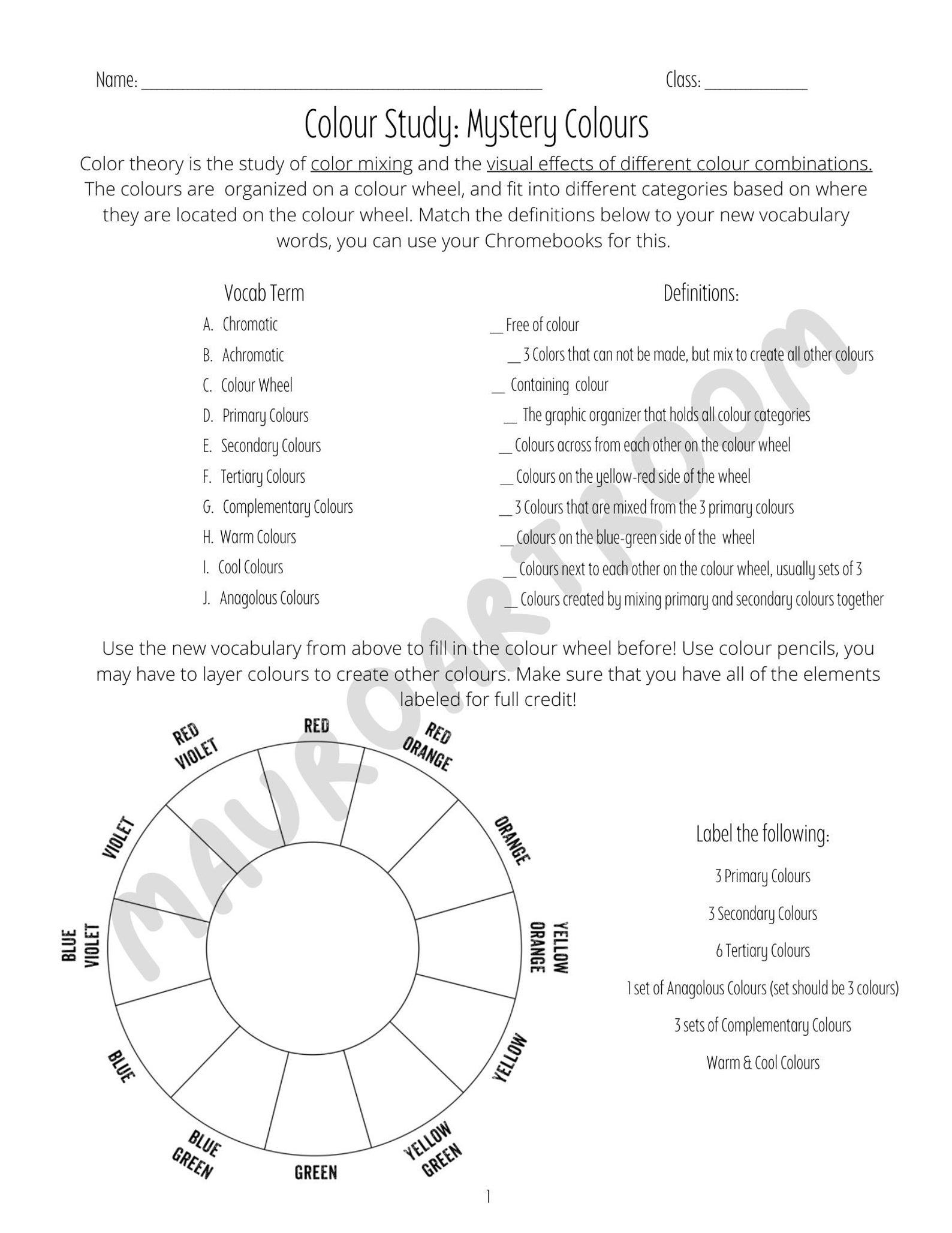 Color Theory Study : Mystery Color Worksheet / Sub Plans / Art - Etsy