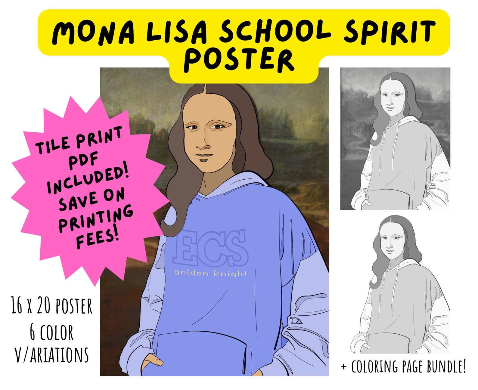 Mona Lisa School Spirit Posters + Coloring Page Bundle Mauroartroom - Etsy