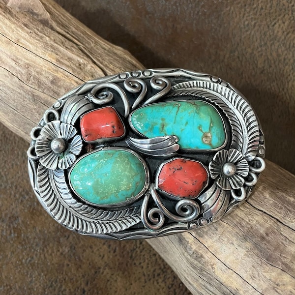 Navajo Belt Buckle Turquoise Coral - Etsy