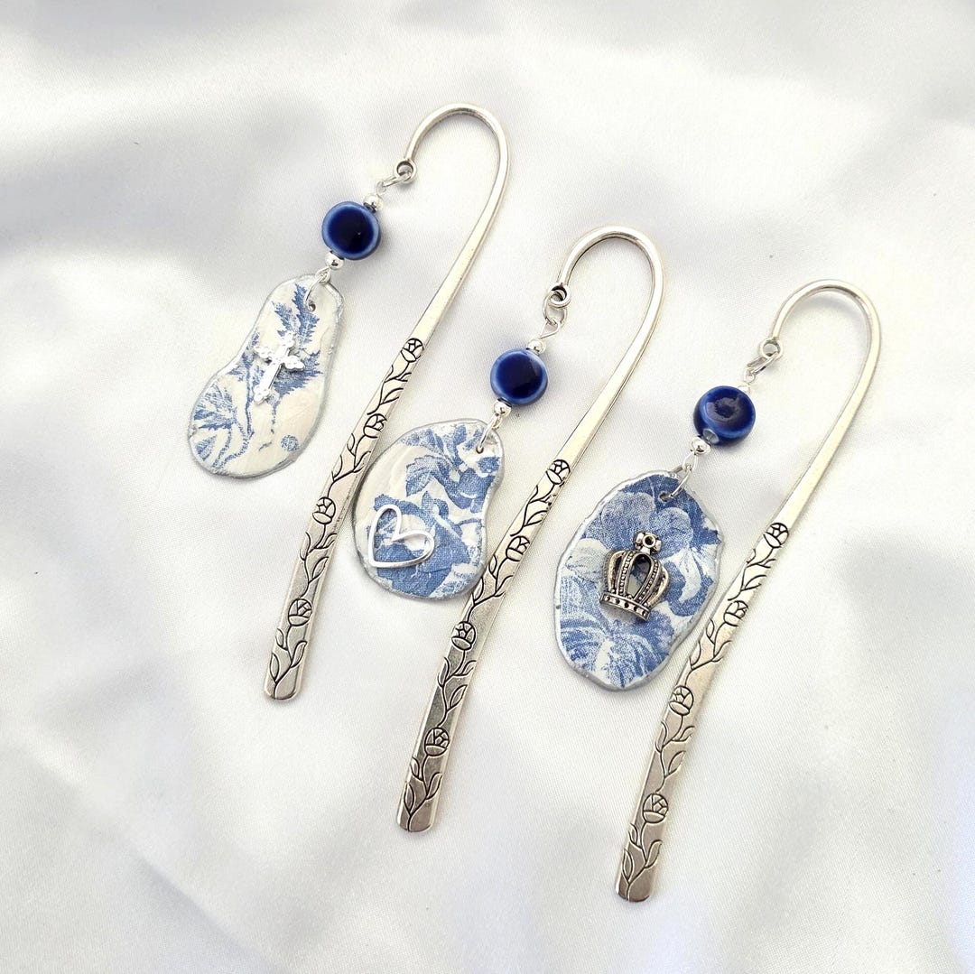 Shepherd's Hook Bookmark, Handmade, Shell, Decoupage, Blue and White - Etsy