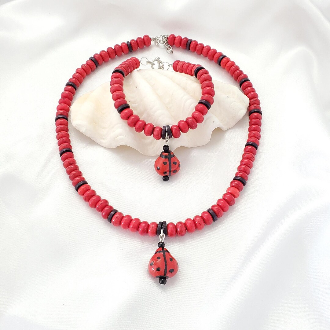 Beaded Necklace Set, Lady Bug, Red, Black - Etsy