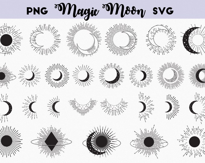 Moon and Sun Clipart Bundle | Moon and Sunburst Svg | Moon Design Svg ...