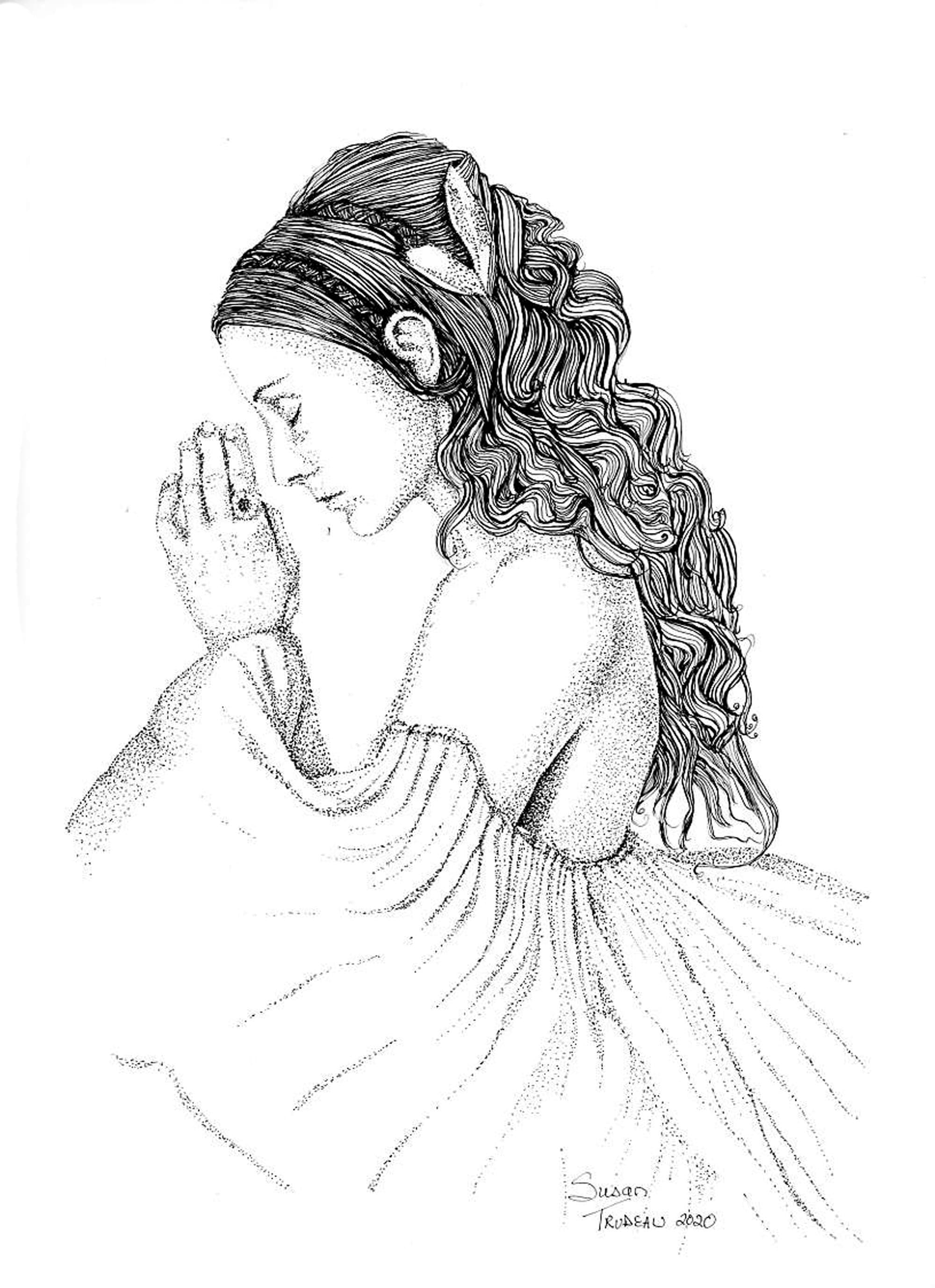 Realistic Drawing of a Woman Praying-pen and Ink-pointillism-realism ...