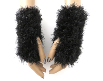 Women's Mittens, Hand Knit Almond Green Plush Fingerless Gloves, Arm ...