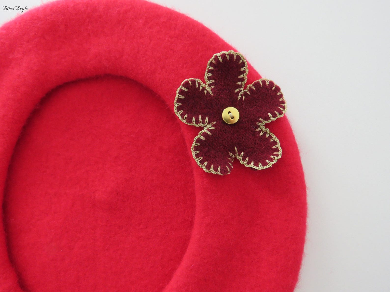 Beret French Basque Hat Felted Wool Red Women, Handmade Flower Button ...