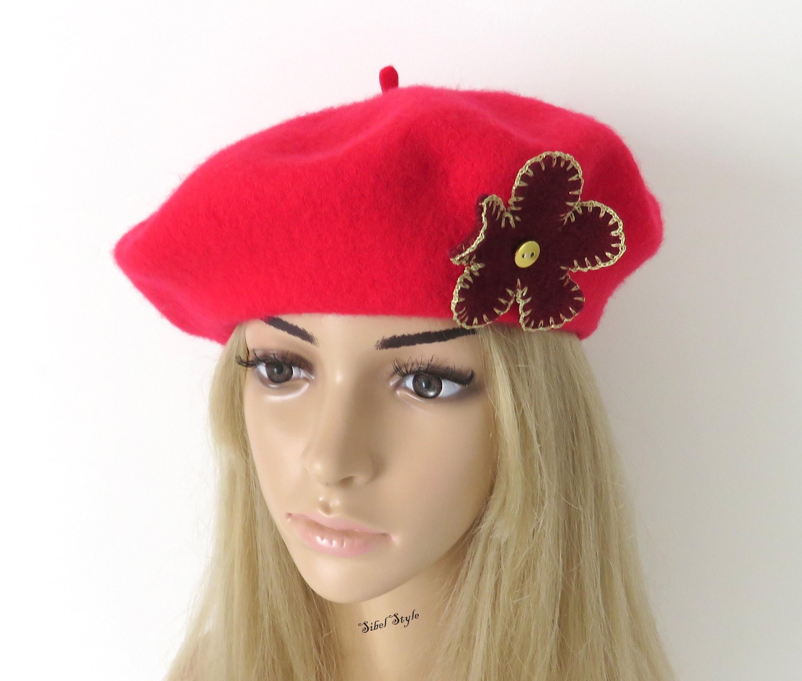 Beret French Basque Hat Felted Wool Red Women, Handmade Flower Button ...
