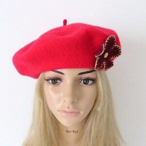 Beret French Basque Hat Felted Wool Red Women, Handmade Flower Button ...