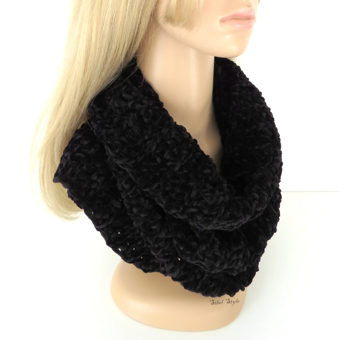 Double Loop Tube Scarf Crochet Handmade Black Velvet, Winter Scarf ...