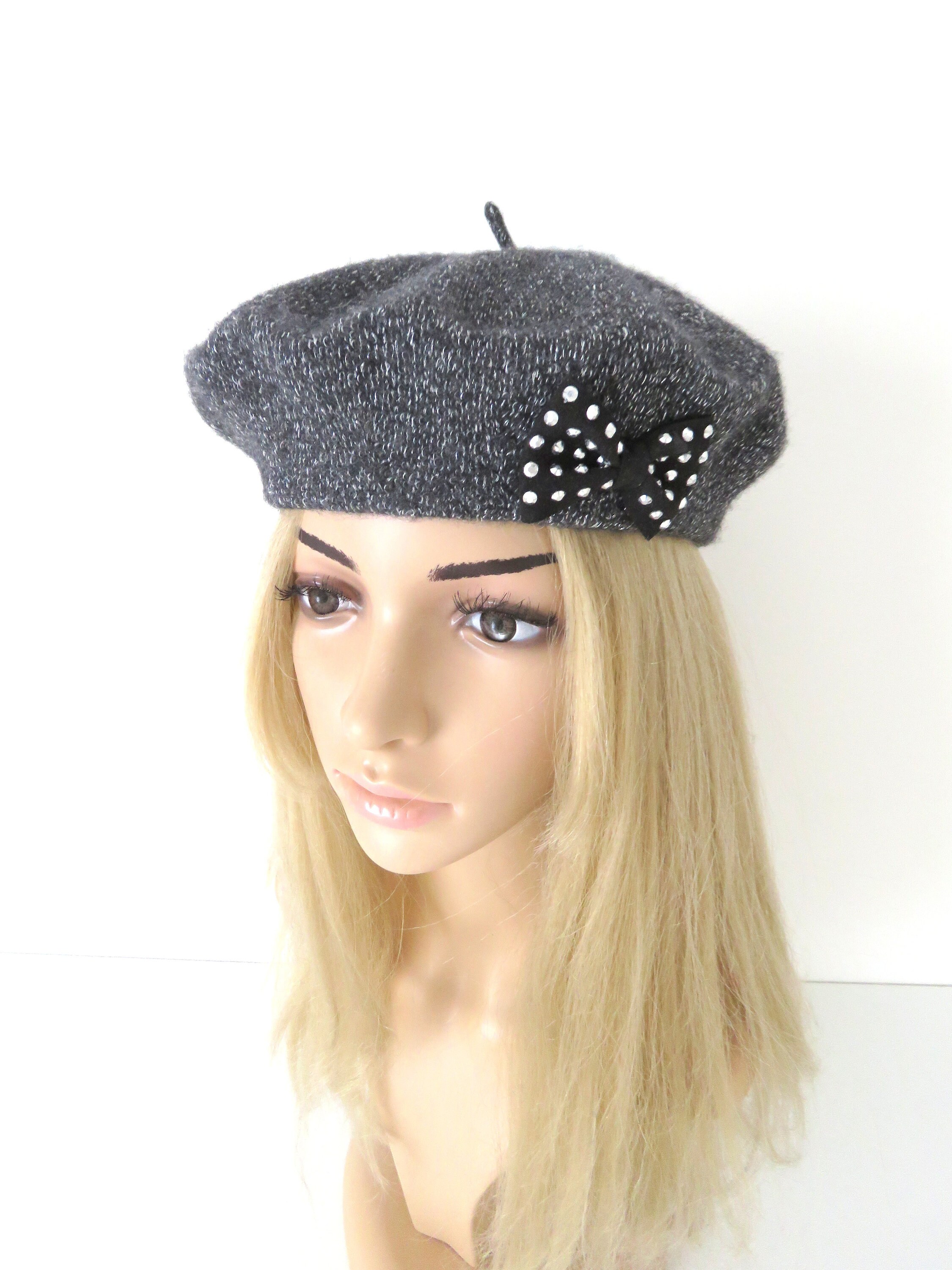 French Beret Basque Wool Felt Gray Bow Tie Black Silver, Winter Hats ...
