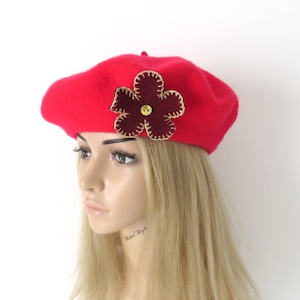 Beret French Basque Hat Felted Wool Red Women, Handmade Flower Button ...
