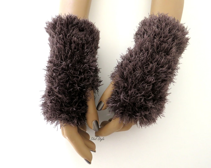 Women's Mittens, Hand Knit Almond Green Plush Fingerless Gloves, Arm ...