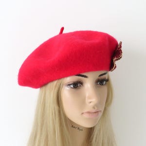 Beret French Basque Hat Felted Wool Red Women, Handmade Flower Button ...