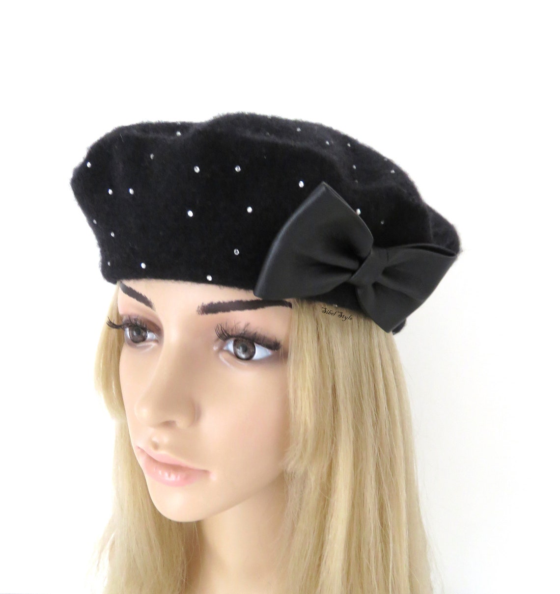 French Basque Beret, Women Beret Black Wool Rhinestones Bow, Parisian ...