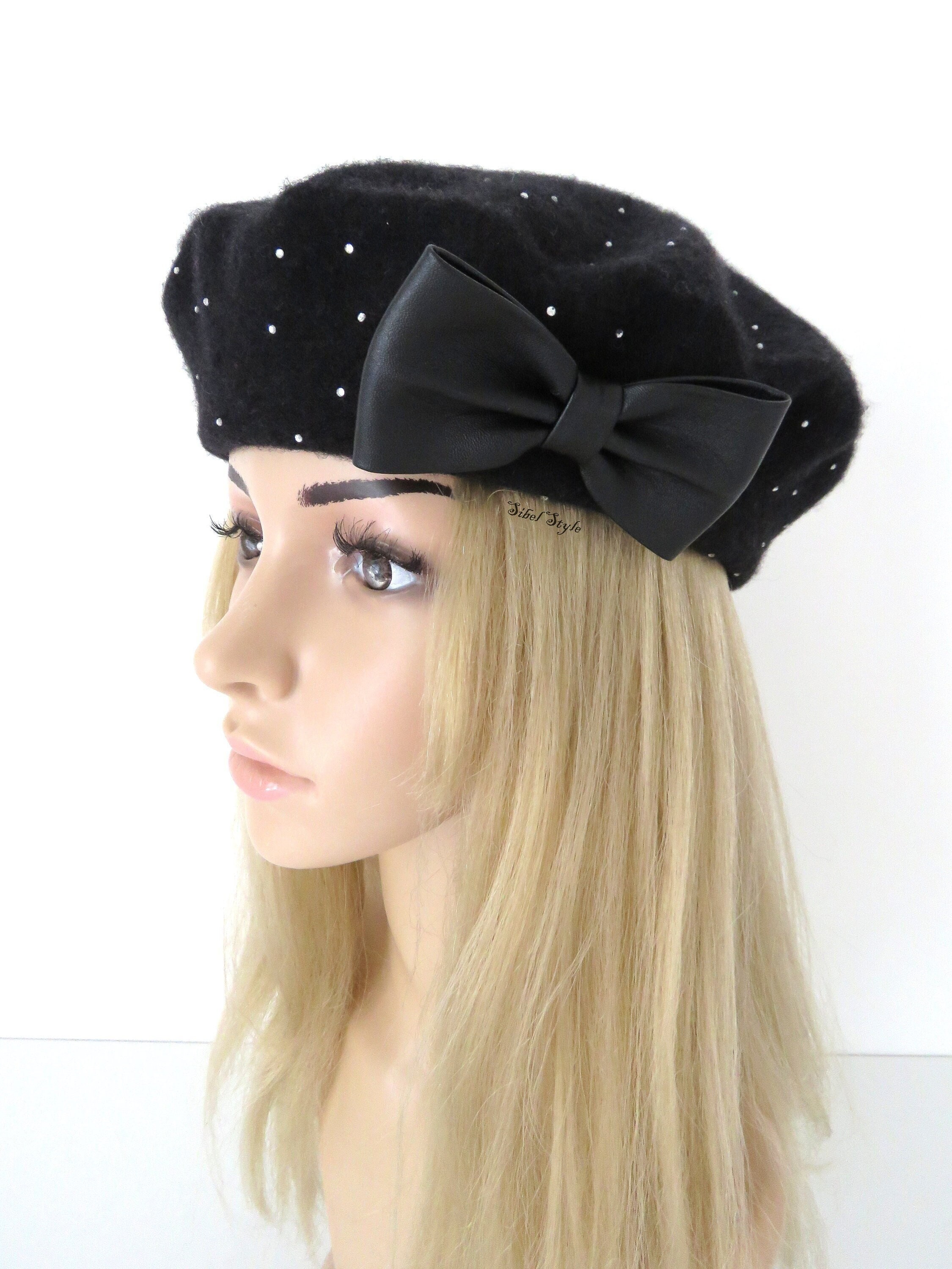 French Basque Beret, Women Beret Black Wool Rhinestones Bow, Parisian ...