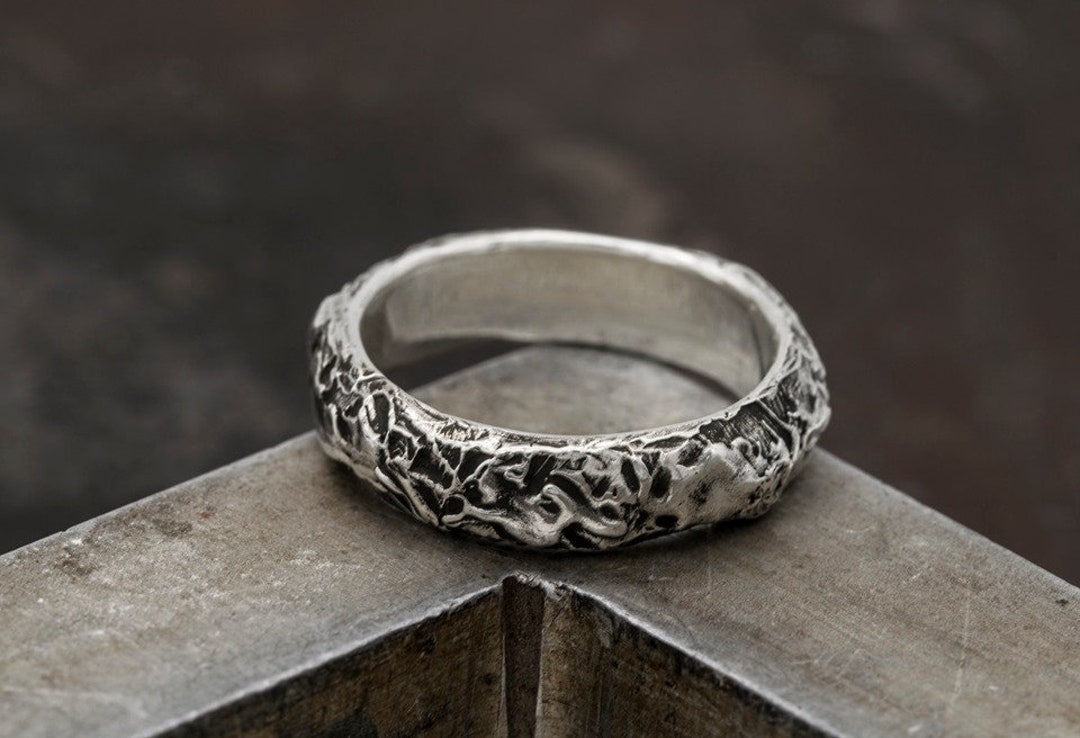 Volcano Ring for Him in Sterling Silver. Rustic and Textured Bands ...