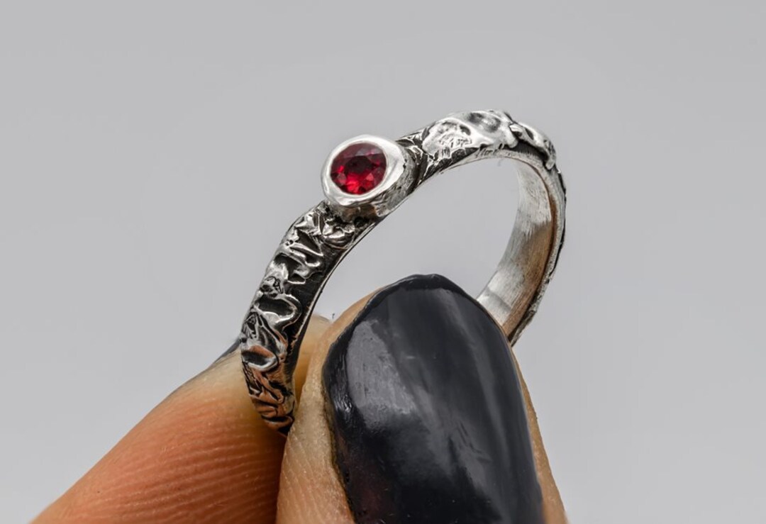 Volcano Ring for Her With Red Garnet in Silver. Rustic and Textured ...