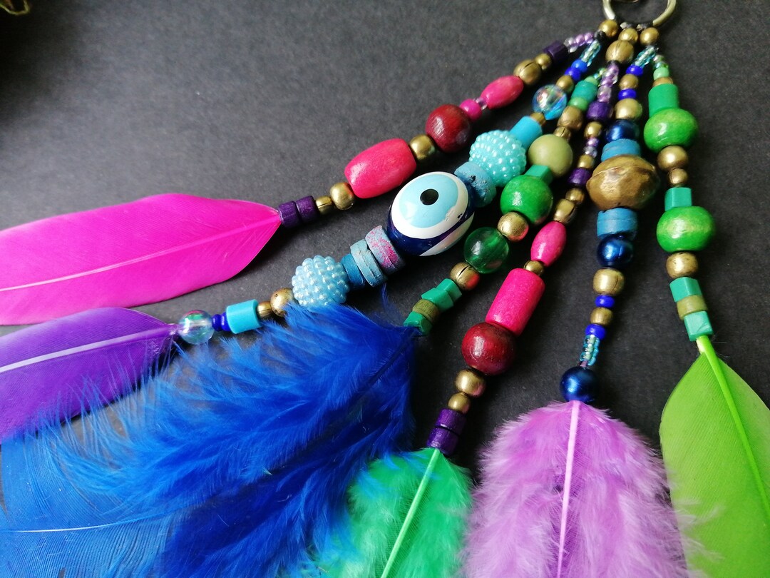 Evil Eye Key Chain Rainbow Feather Key Chain Beach Bag Charm Hippie ...