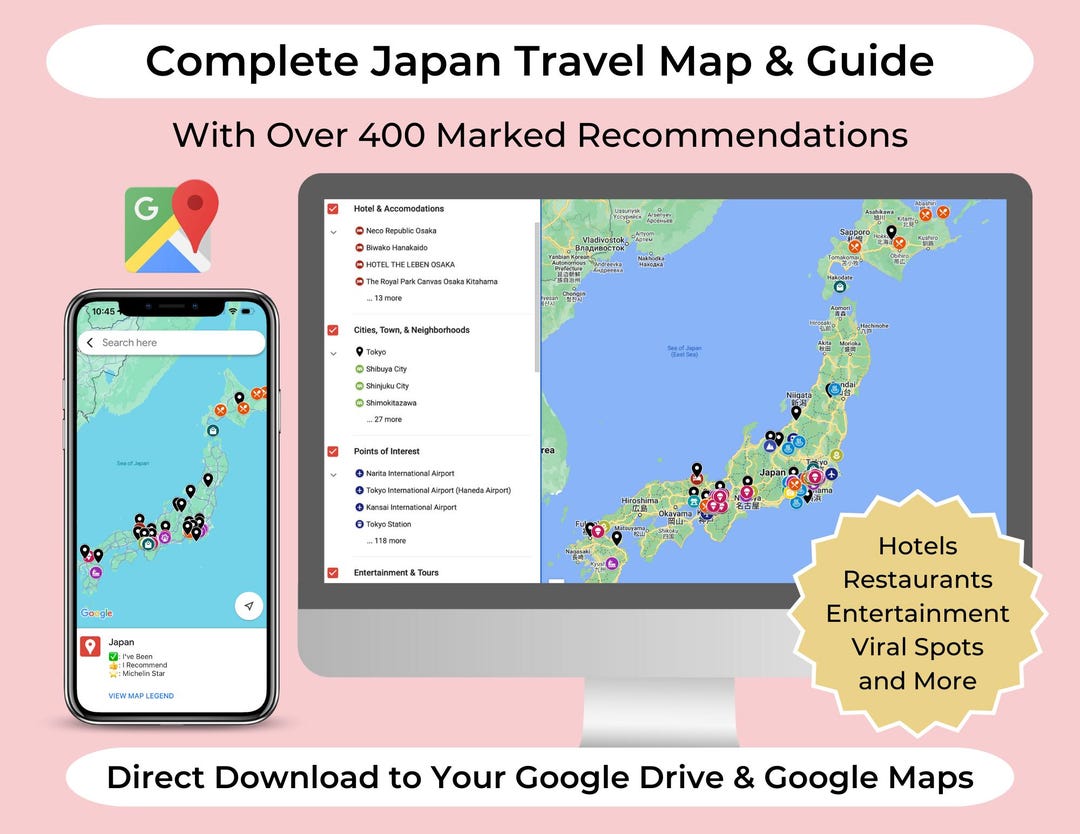 Complete Japan Travel Map & Guide Google Map My Maps - Etsy