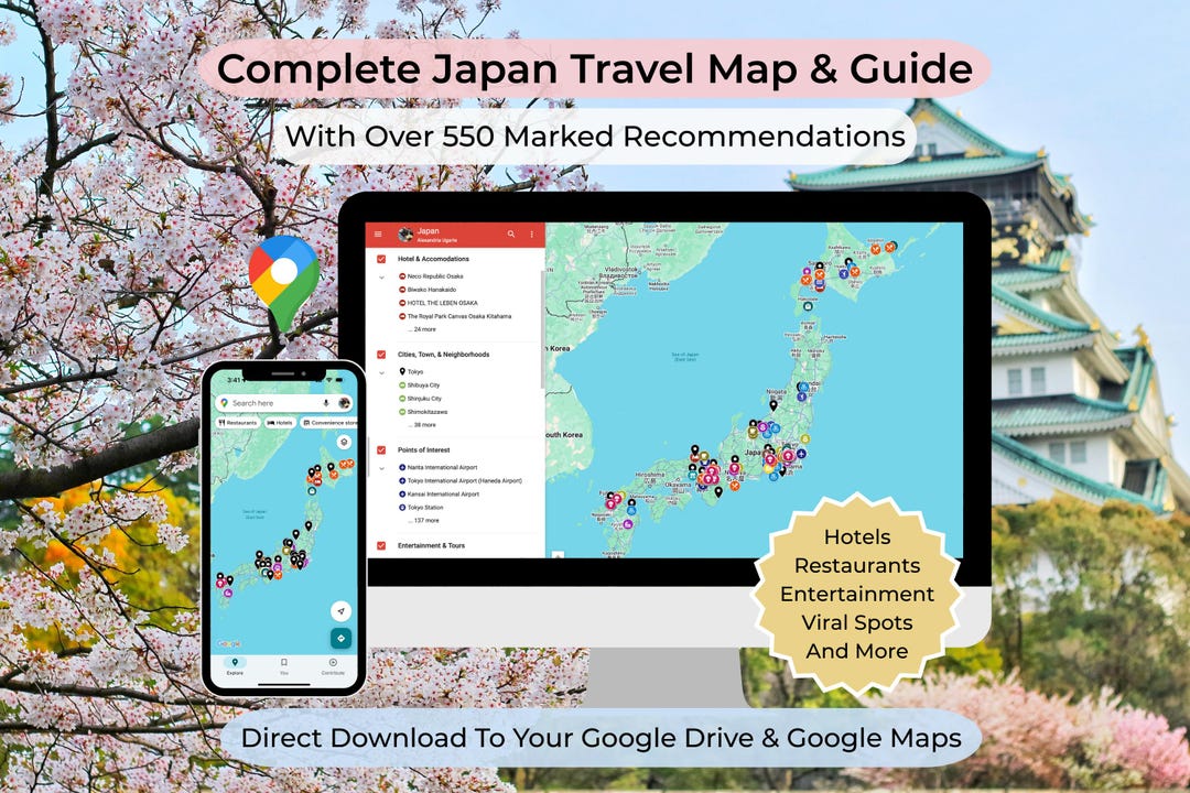 Complete Japan Travel Map & Guide | Google Map | My Maps - Etsy