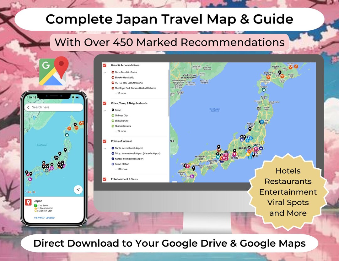 Complete Japan Travel Map & Guide Google Map My Maps - Etsy