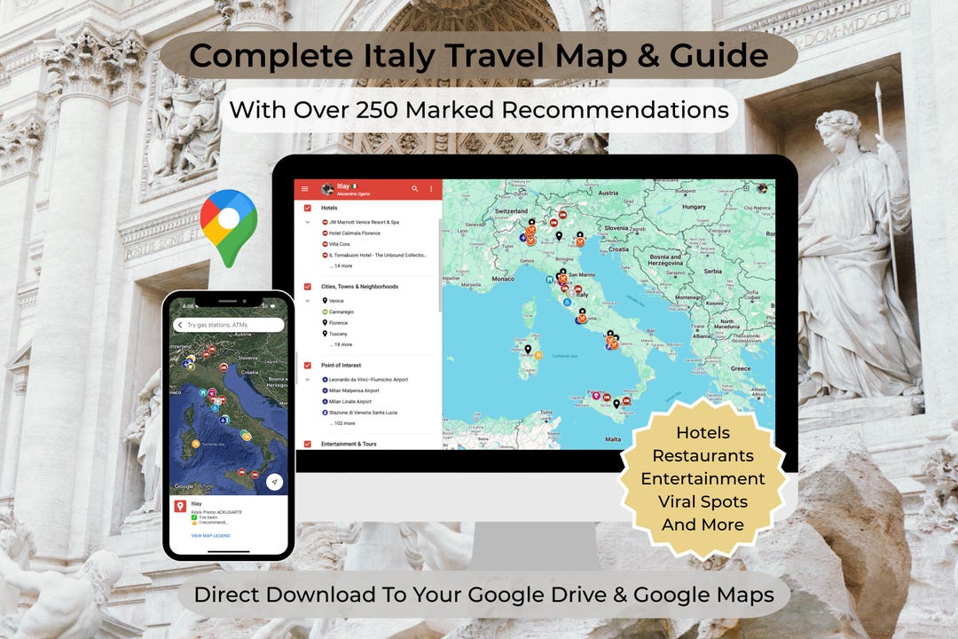 Complete Italy Travel Map & Guide | Google Map | My Maps - Etsy