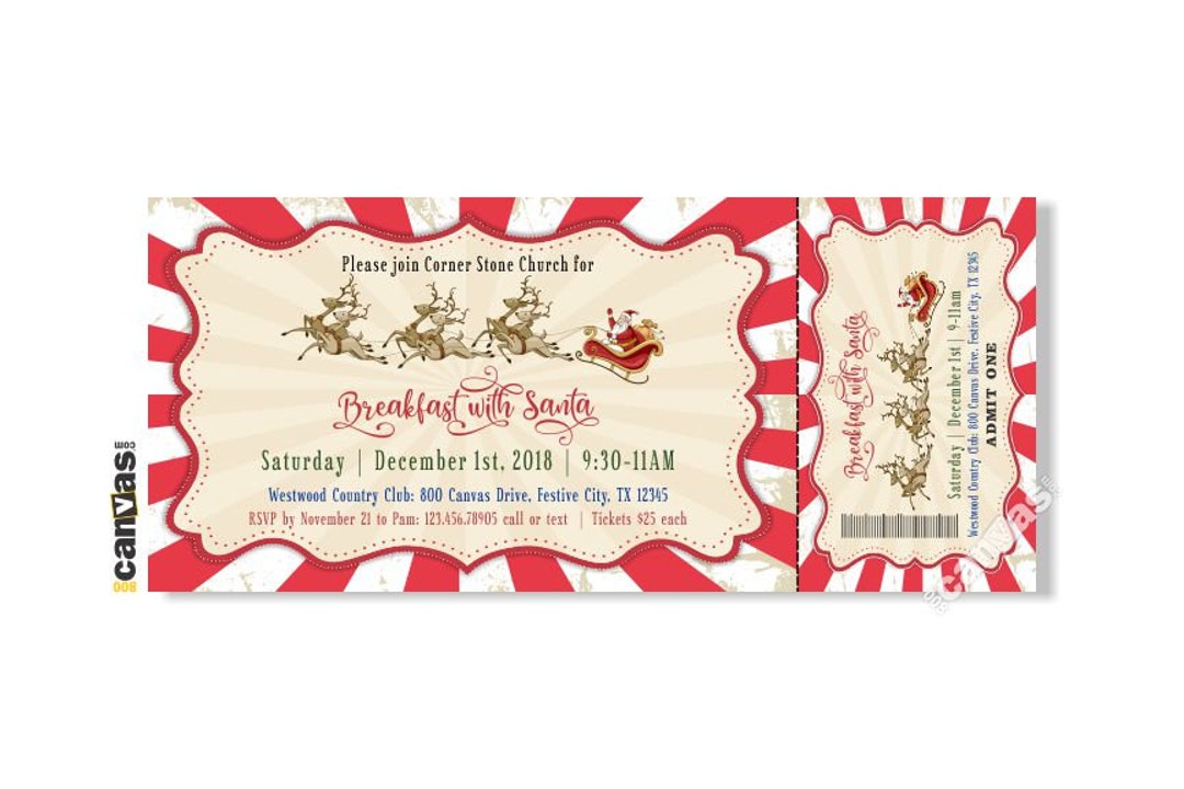 Breakfast With Santa Ticket Invitation, Santa Claus Reindeer, Christmas ...