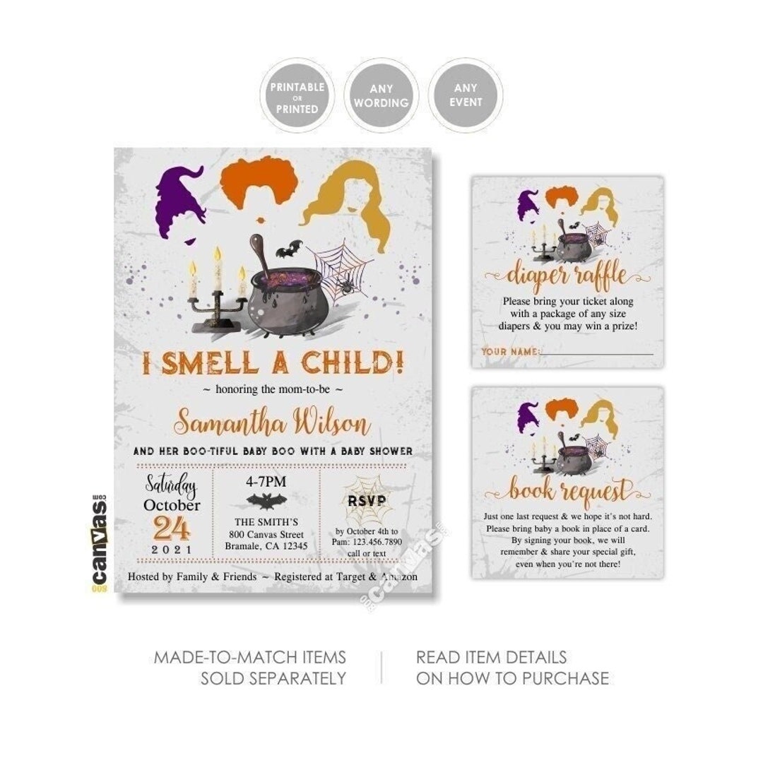Hocus Pocus Baby Shower, Halloween Invitation, I Smell a Child, Witches ...