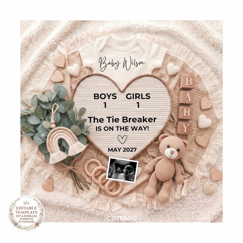 Tie Breaker Pregnancy Announcement Template | Boho Digital 3rd Baby ...