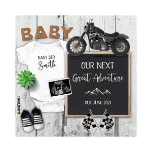 Editable Next Great Adventure Digital Pregnancy Announcement, Biker ...